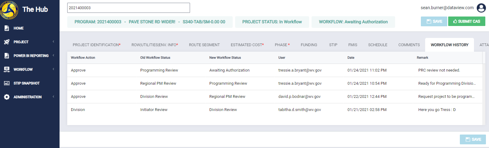 View Project Workflow History – WV Hub